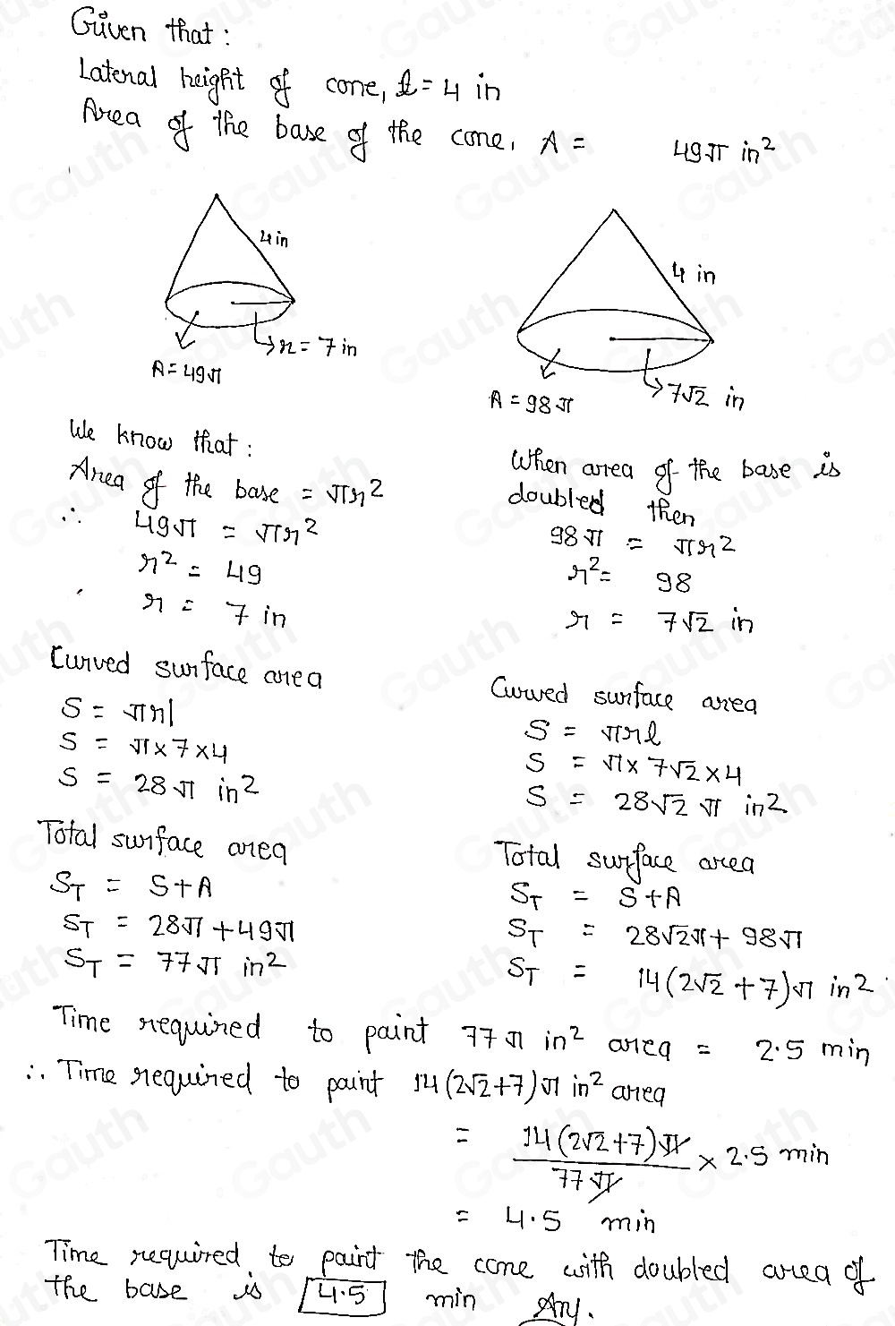 Solved: The lateral height of a cone is 8 inches and the area of the ...
