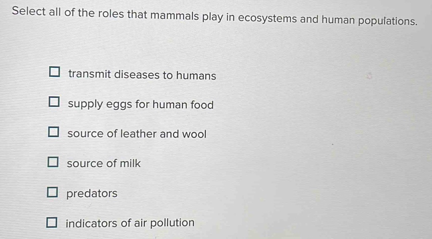 Solved: Select all of the roles that mammals play in ecosystems and ...
