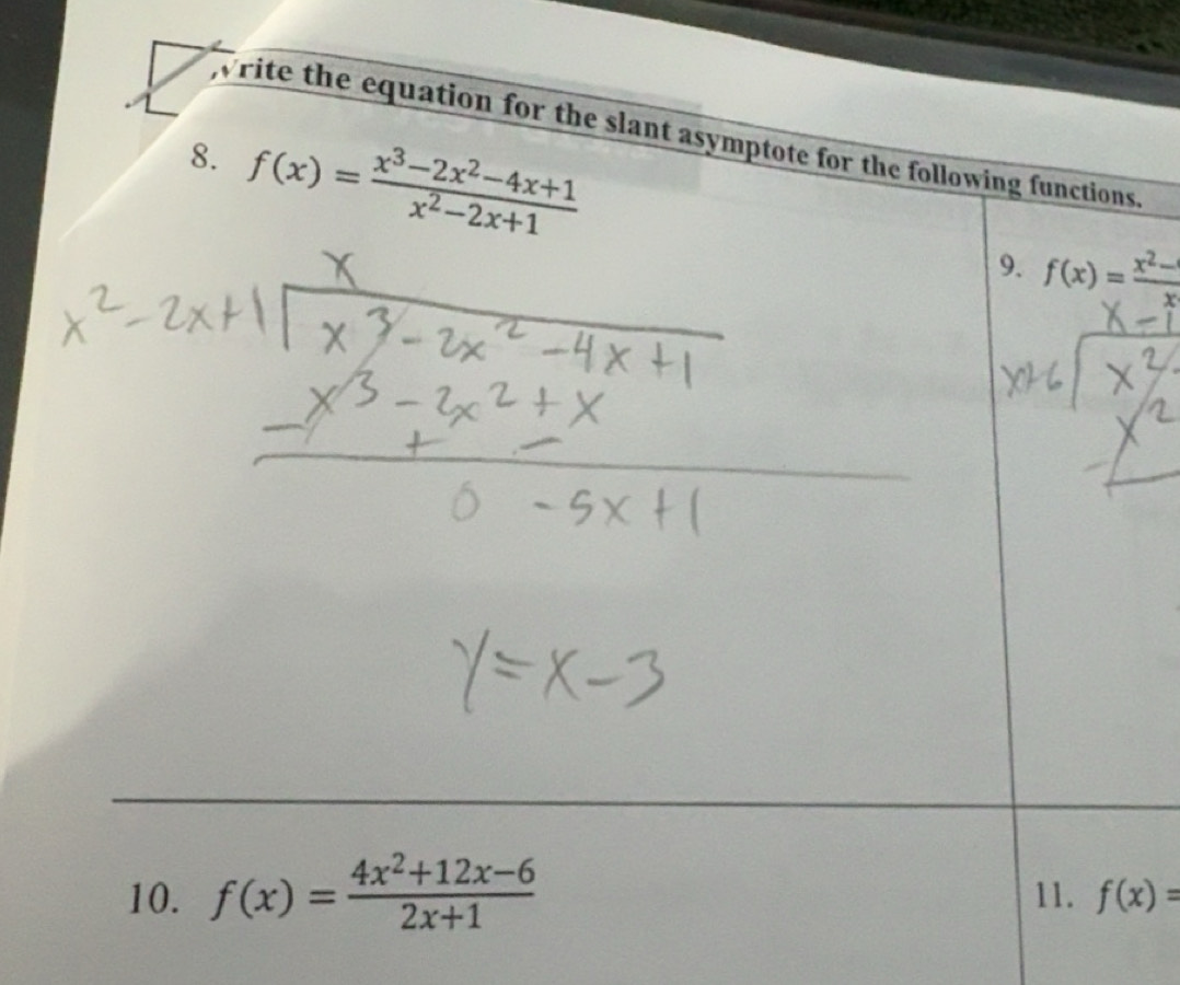 Solved: write the equation for the slant asymptote for the following functions. 8. f(x)= (x^3-2x ...