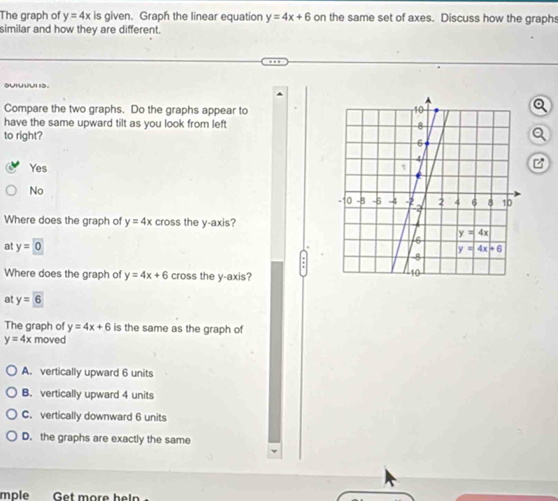 Solved: The graph of y=4x is given. Graph the linear equation y=4x+6 on ...