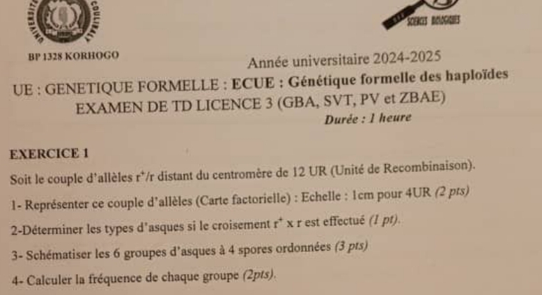 Gelöst:SCérce Mologique BP 1328 KORHOGO Année universitaire 2024-2025 ...