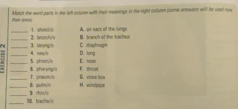 Solved: Match the word parts in the left column with their meanings in ...