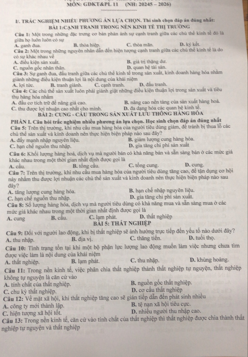Giải quyết:MÔN: GDKT&PL 11 (NH: 20245 - 2026) V. TRÁC NGHIỆM NHIÊU ...
