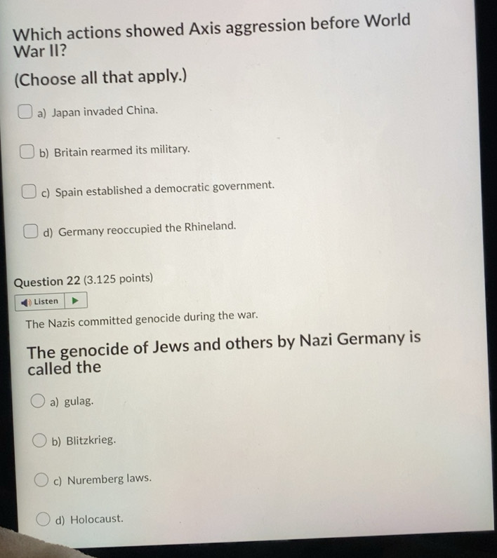 Solved: Which actions showed Axis aggression before World War II ...