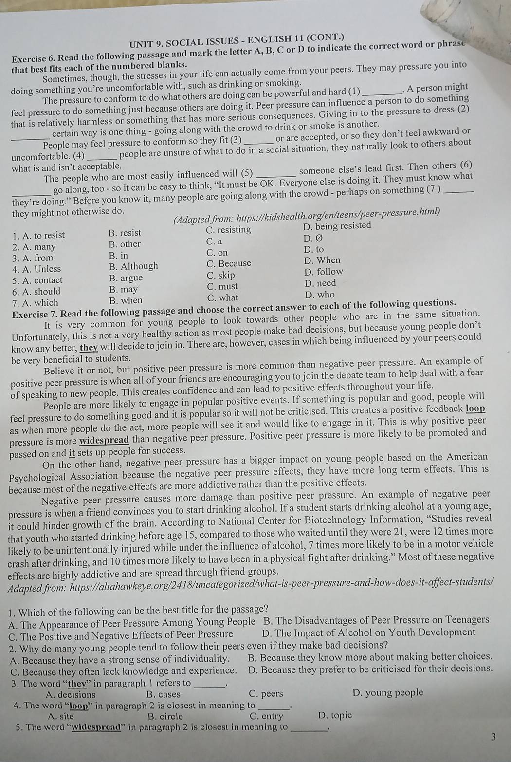 Giải quyết:SOCIAL ISSUES - ENGLISH 11 (CONT.) Exercise 6. Read the following passage and mark ...