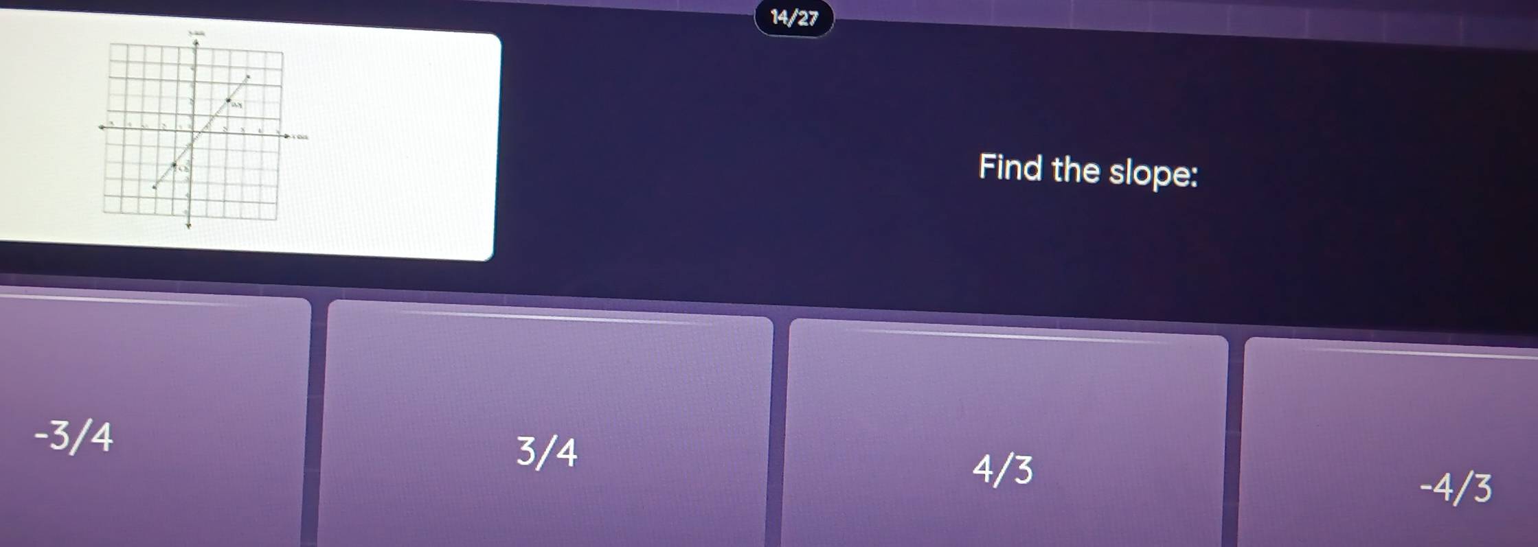Solved: 14/27 Find the slope: -3/4 3/4 4/3 -4/3 [Math]