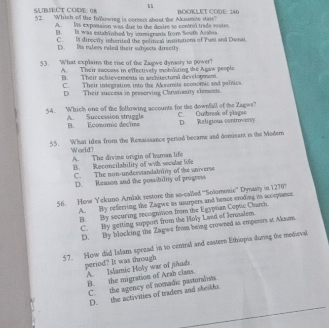 Résolu :SUBJECT CODE: 08 11 BOOKLET CODE: 240 52. Which of the ...