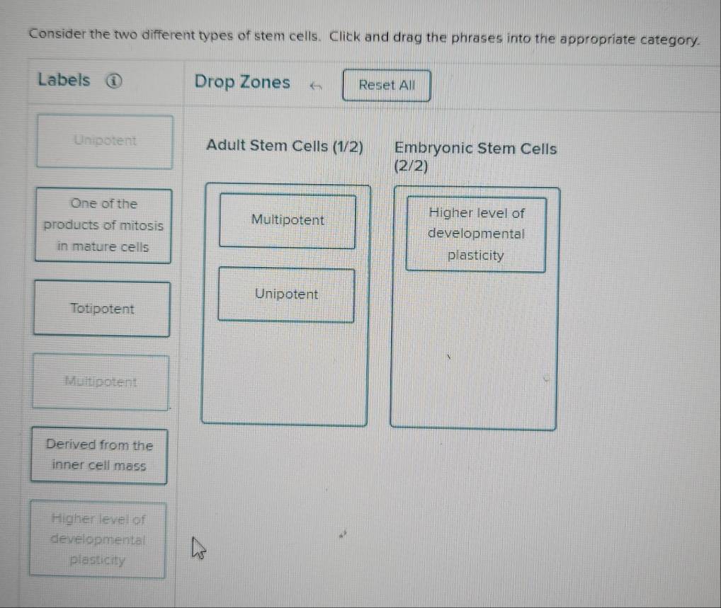 Solved: Consider the two different types of stem cells. Click and drag ...