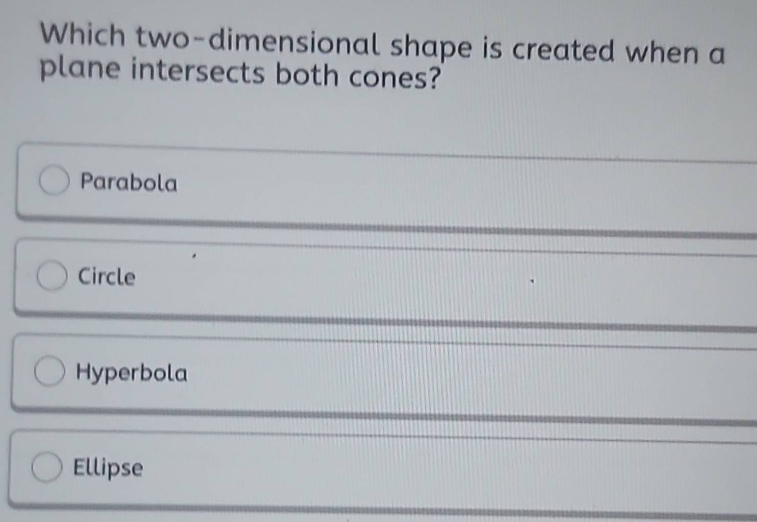 Solved: Which two-dimensional shape is created when a plane intersects ...