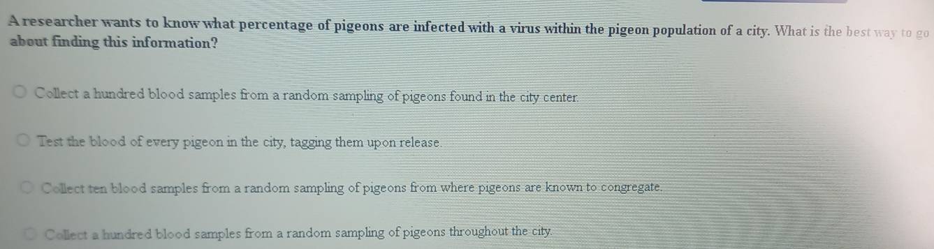 Solved: A researcher wants to know what percentage of pigeons are ...