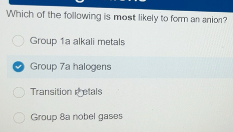 Solved: Which of the following is most likely to form an anion? Group ...