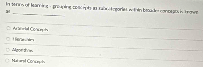 Solved: In terms of learning - grouping concepts as subcategories within broader concepts is ...
