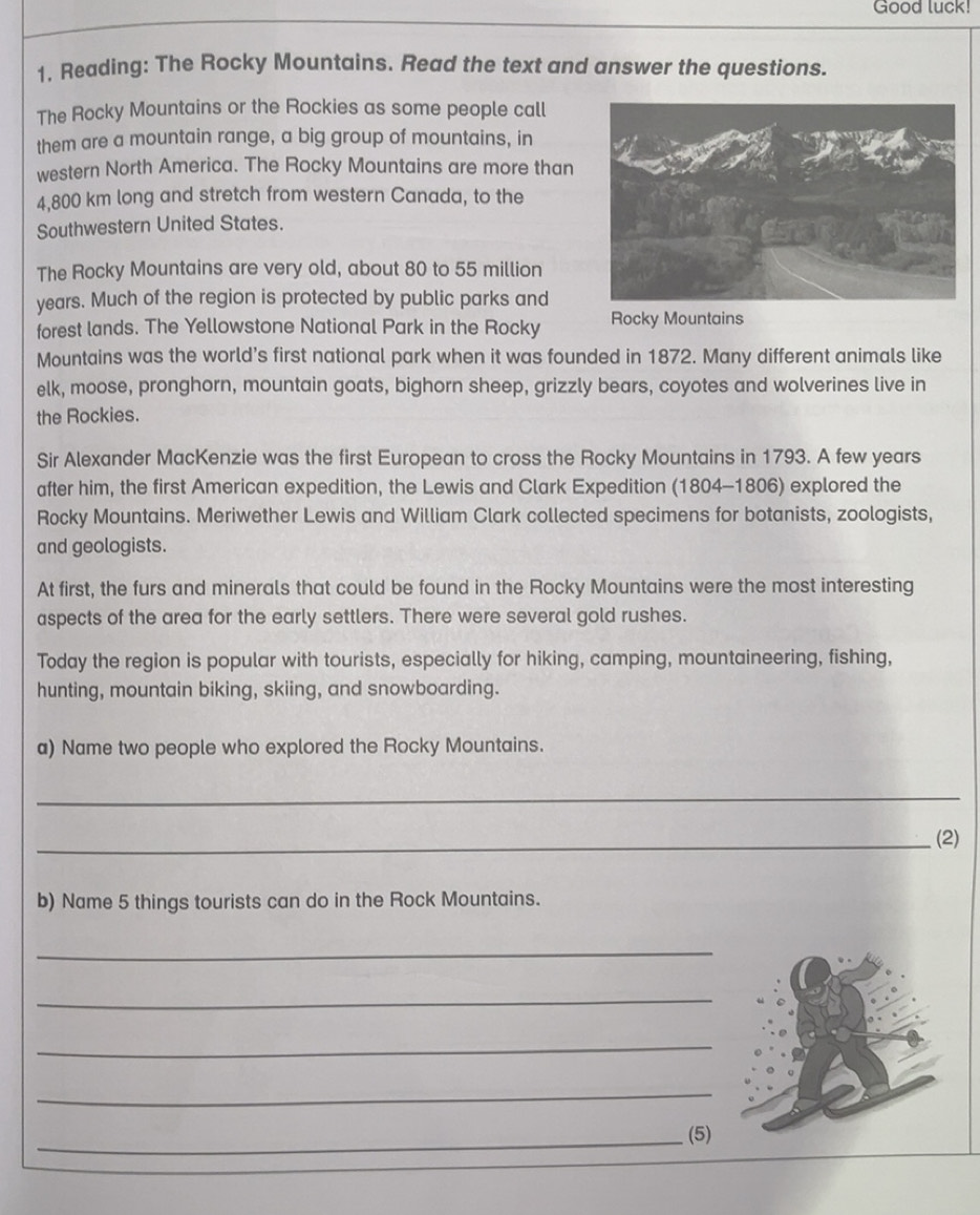 Gelöst:Good luck! 1. Reading: The Rocky Mountains. Read the text and ...