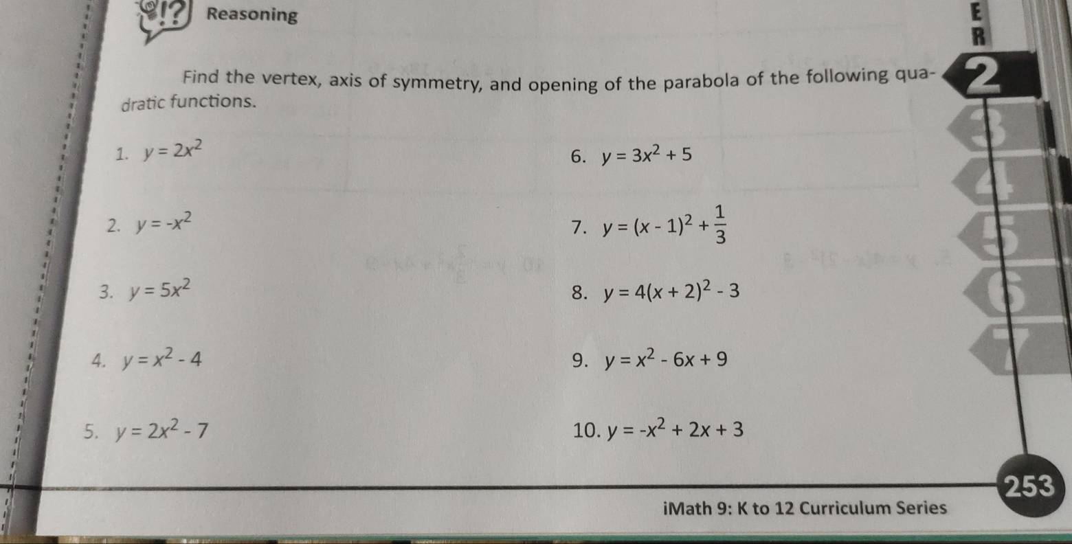 Solved: Reasoning E R Find the vertex, axis of symmetry, and opening of the parabola of the foll ...