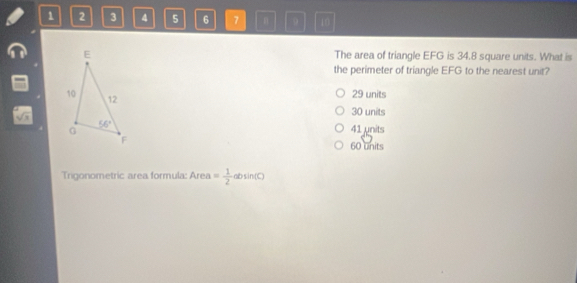 Solved: 1 2 3 4 5 6 7 n 9 10 The area of triangle EFG is 34.8 square ...