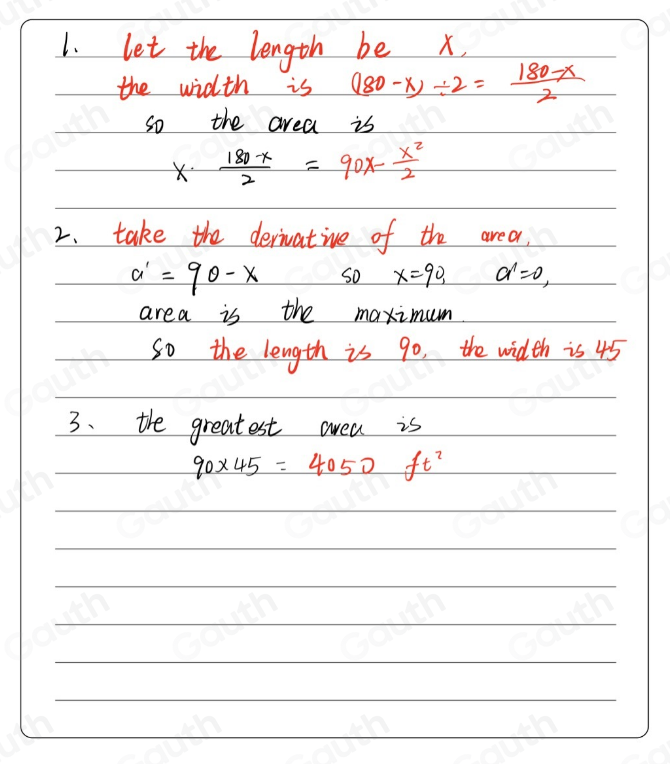 Solved: Bryan has 180 feet of fencing to fence off his rectangular ...