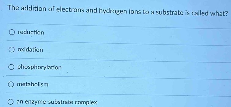 Solved: The addition of electrons and hydrogen ions to a substrate is ...