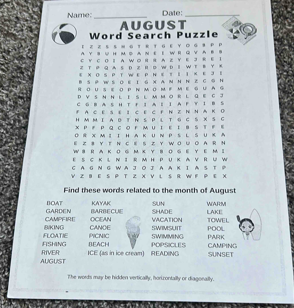 Solved: Name: _Date:_ AUGUST Word Search Puzzle IZZ S S H G T R T G E ...