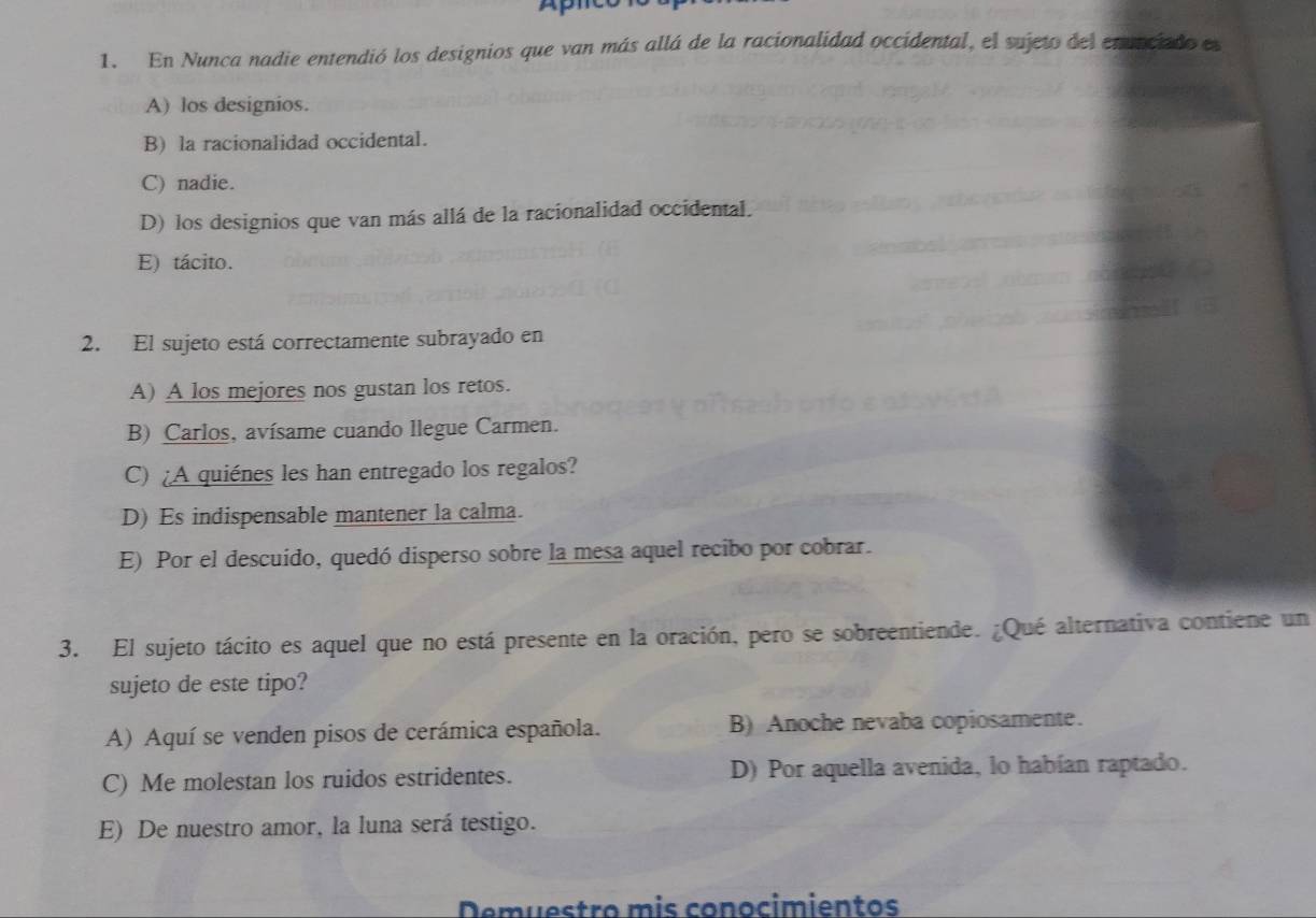 Resuelto:Aprco 1. En Nunca nadie entendió los designios que van más ...