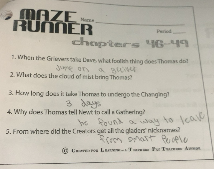 Solved: MAZE Name RUNNER_ Period_ chapters 46-49 1. When the Grievers ...
