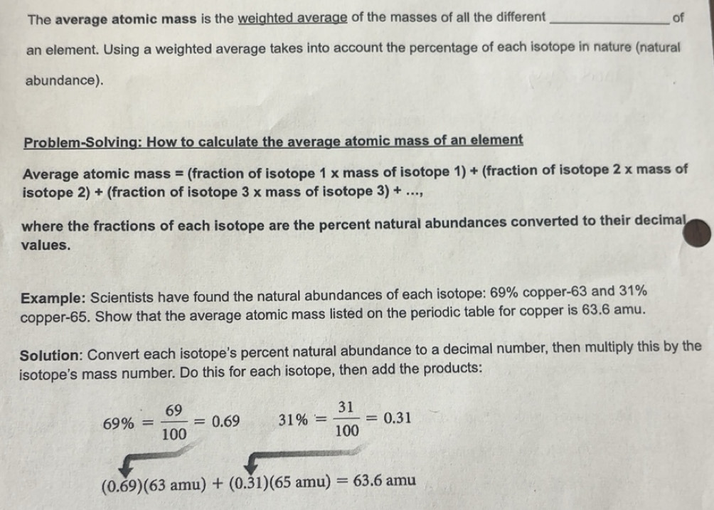 Solved: The average atomic mass is the weighted average of the masses ...