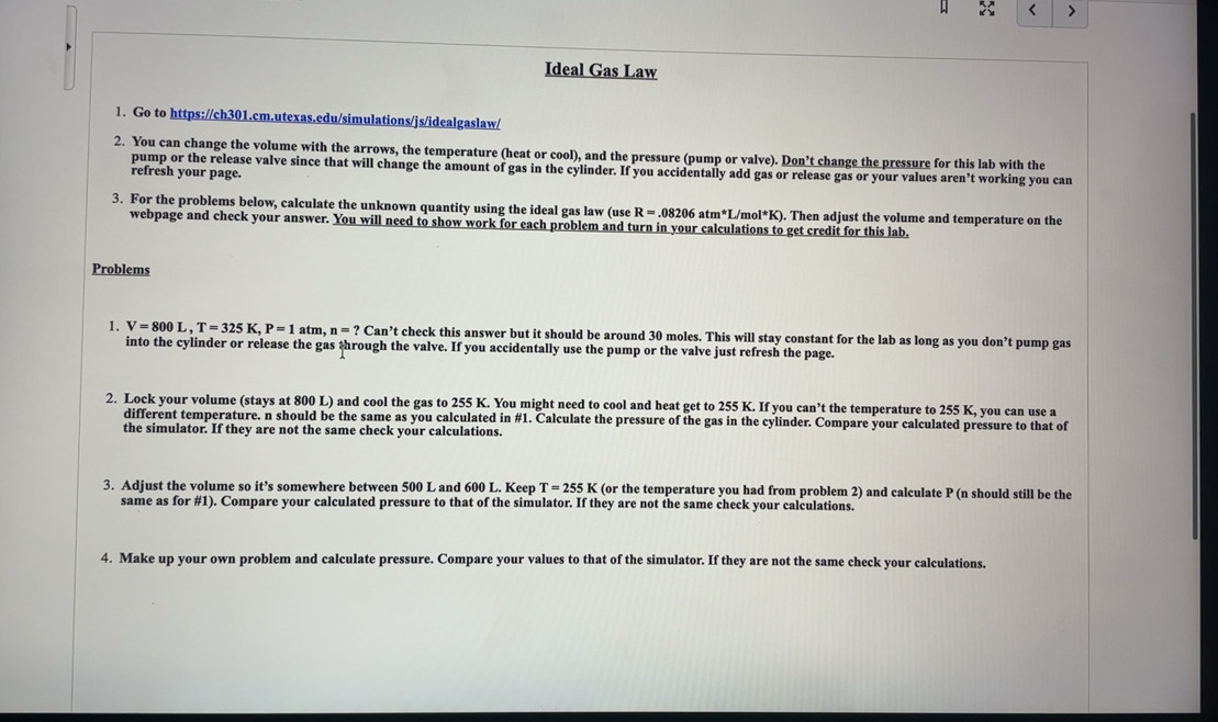 Solved: > Ideal Gas Law 1. Go to https://ch301.cm.utexas.edu ...
