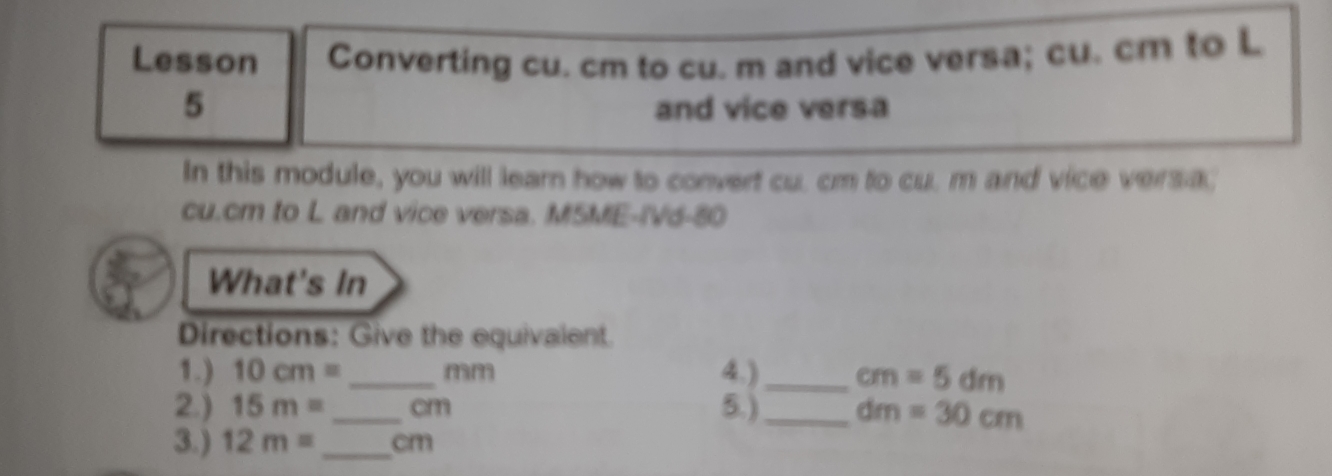Solved: Lesson Converting cu. cm to cu. m and vice versa; cu. cm to L 5 ...