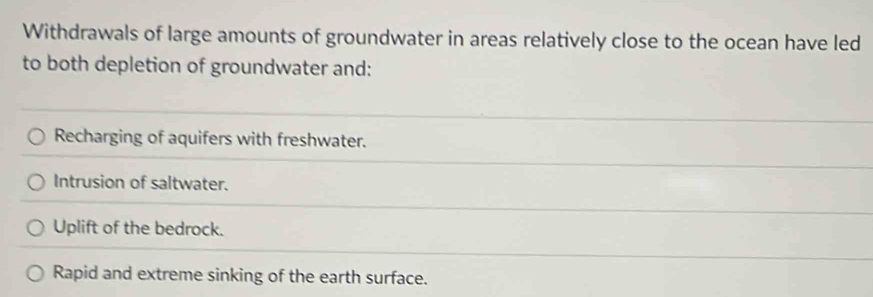Solved: Withdrawals of large amounts of groundwater in areas relatively ...