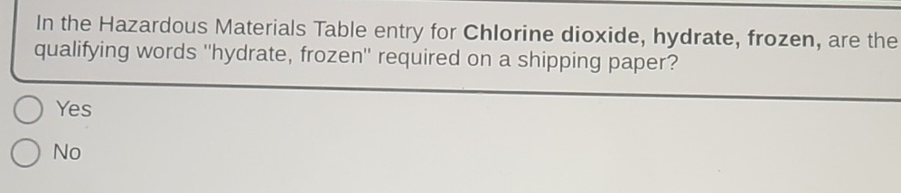 Solved: In the Hazardous Materials Table entry for Chlorine dioxide ...