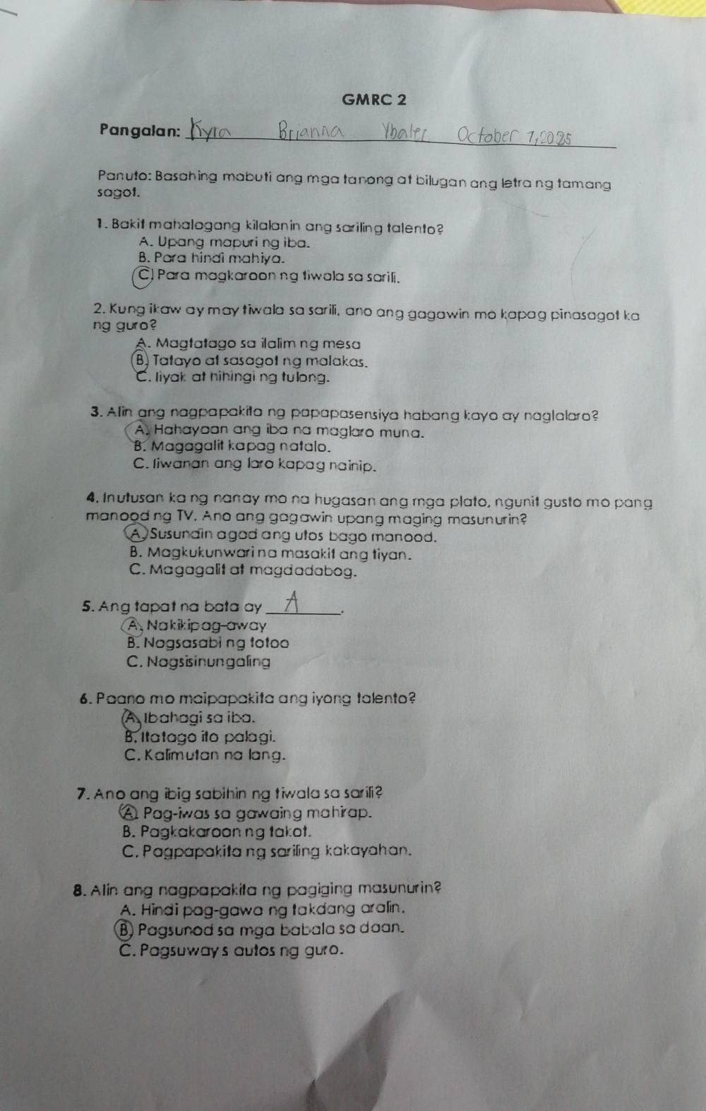 Solved: GMRC 2 Pangalan:_ Panuto: Basahing mabuti ang mga tanong at ...