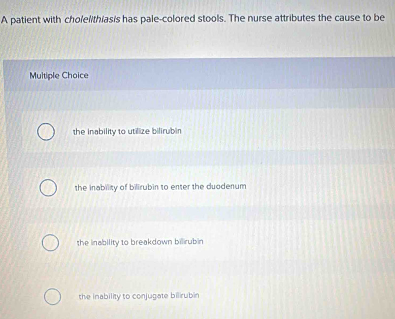 Solved: A patient with cholelithiasis has pale-colored stools. The ...