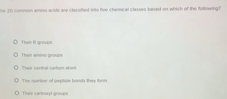 Solved: he 20 common amino acids are classified into five chemical ...