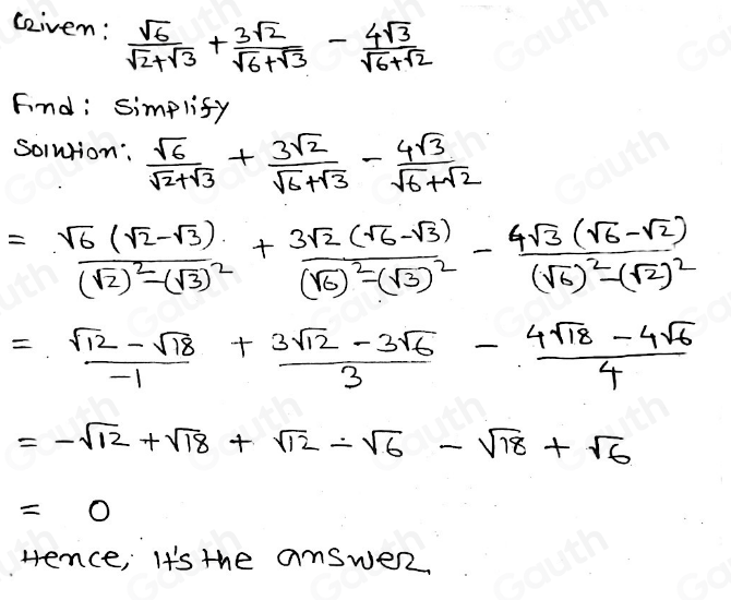 Solved: Simplify : sqrt(6)/sqrt(2)+sqrt(3) + 3sqrt(2)/sqrt(6)+sqrt(3 ...