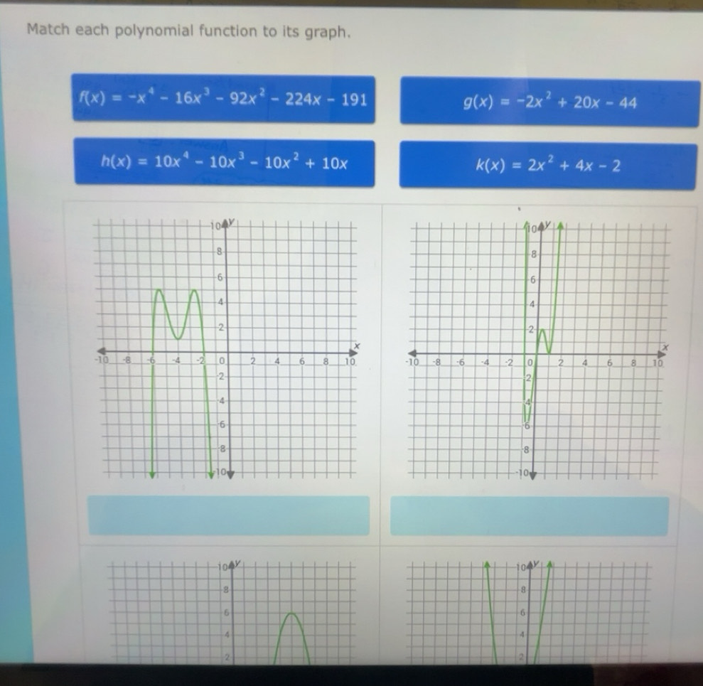 Gelöst:Match each polynomial function to its graph. f(x)=-x^4-16x^3-92x ...
