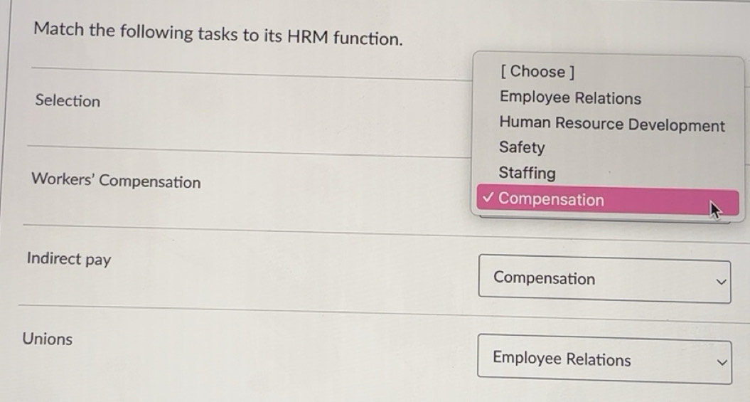 Solved: Match the following tasks to its HRM function. [ Choose ...