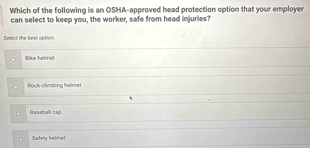 Solved: Which of the following is an OSHA-approved head protection ...