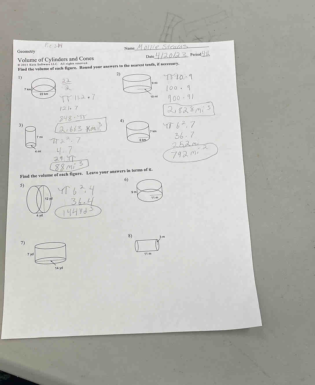 Solved: Name _ Geometry Volume of Cylinders and Cones Date_ Period C ...