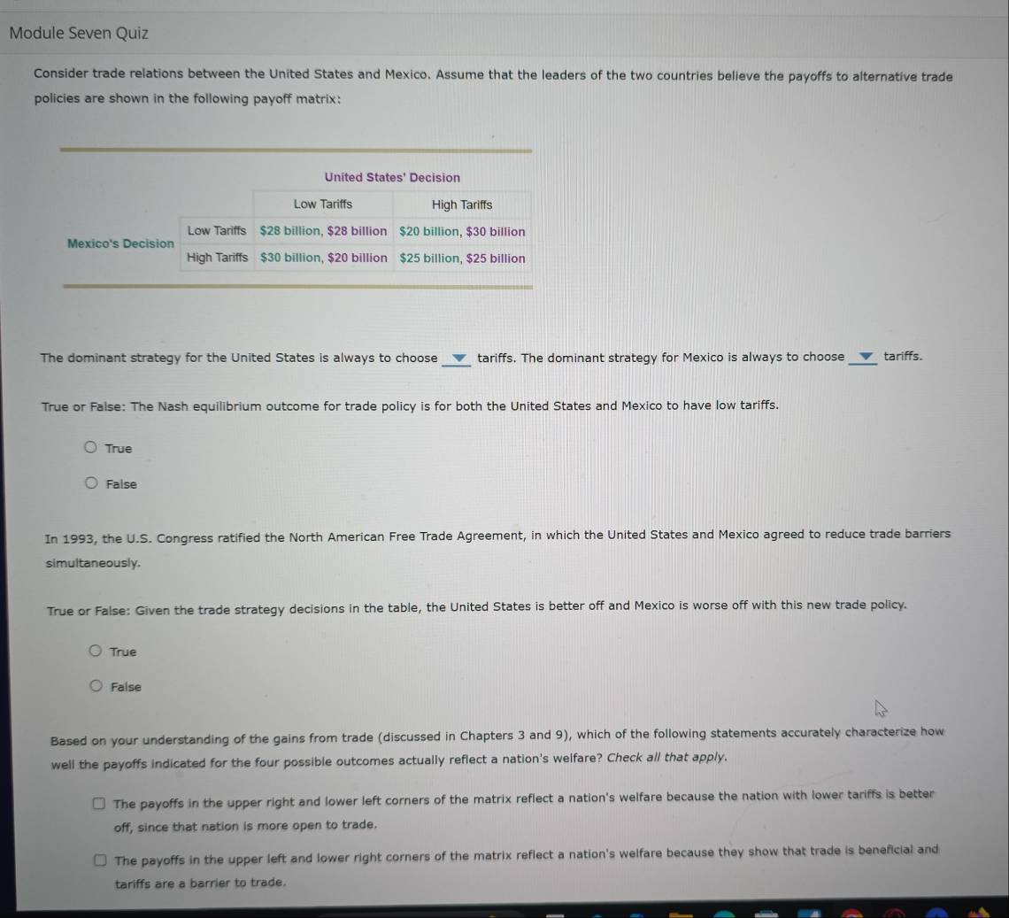 Solved: Module Seven Quiz Consider trade relations between the United ...