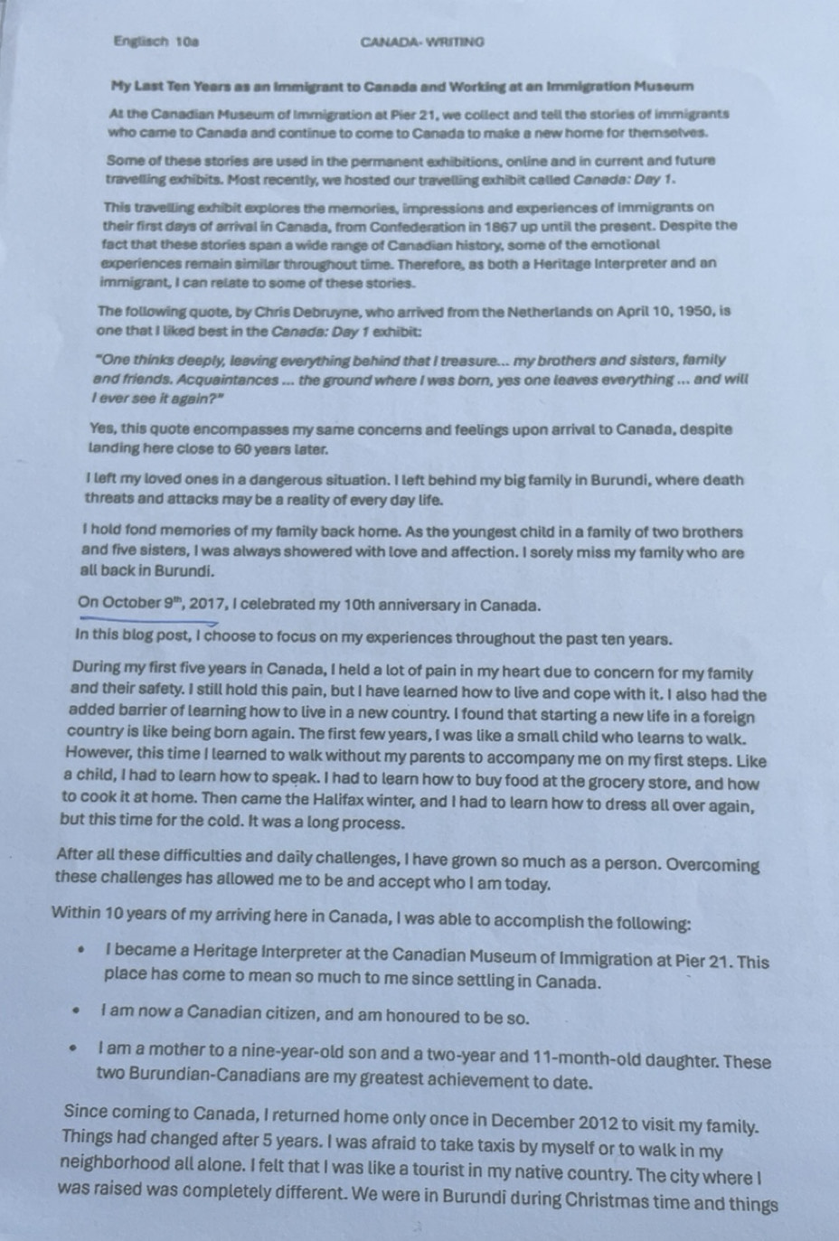 Gelöst:Englisch 10a CANADA- WRITING My Last Ten Years as an Immigrant ...
