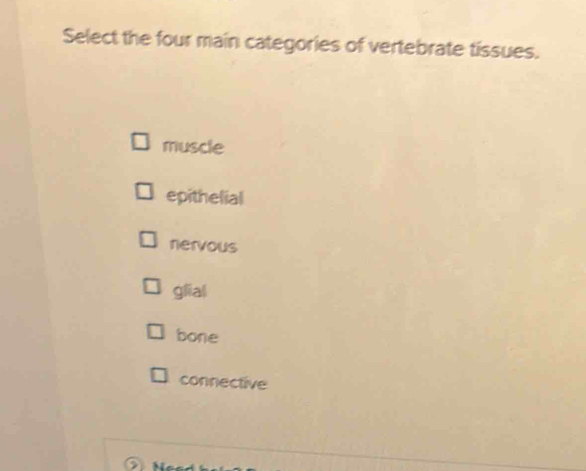 Solved: Select the four main categories of vertebrate tissues. muscle ...