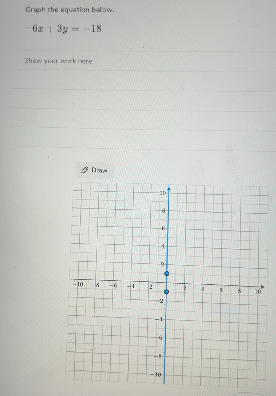 Solved: Graph the equation below. -6x+3y=-18 Show your work here Draw ...