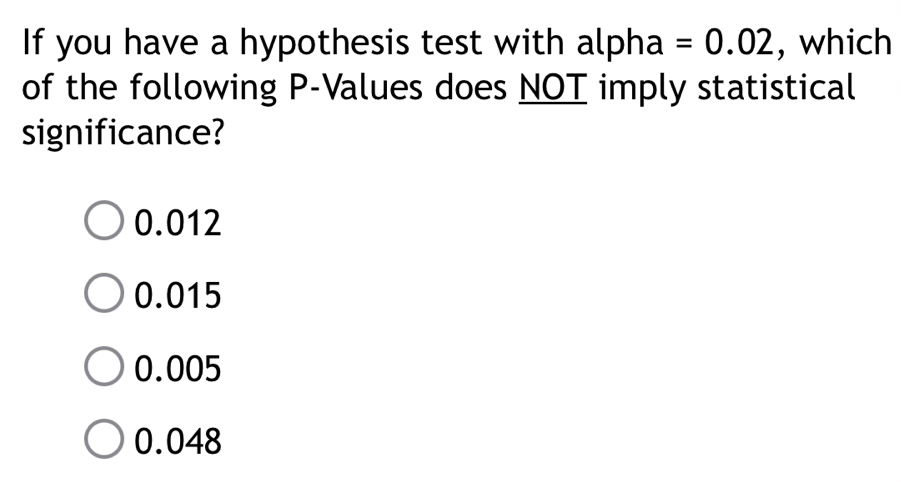 Solved: If you have a hypothesis test with alpha =0.02 , which of the ...