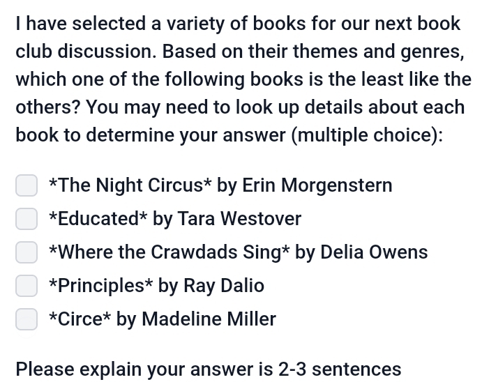 Solved: have selected a variety of books for our next book club ...