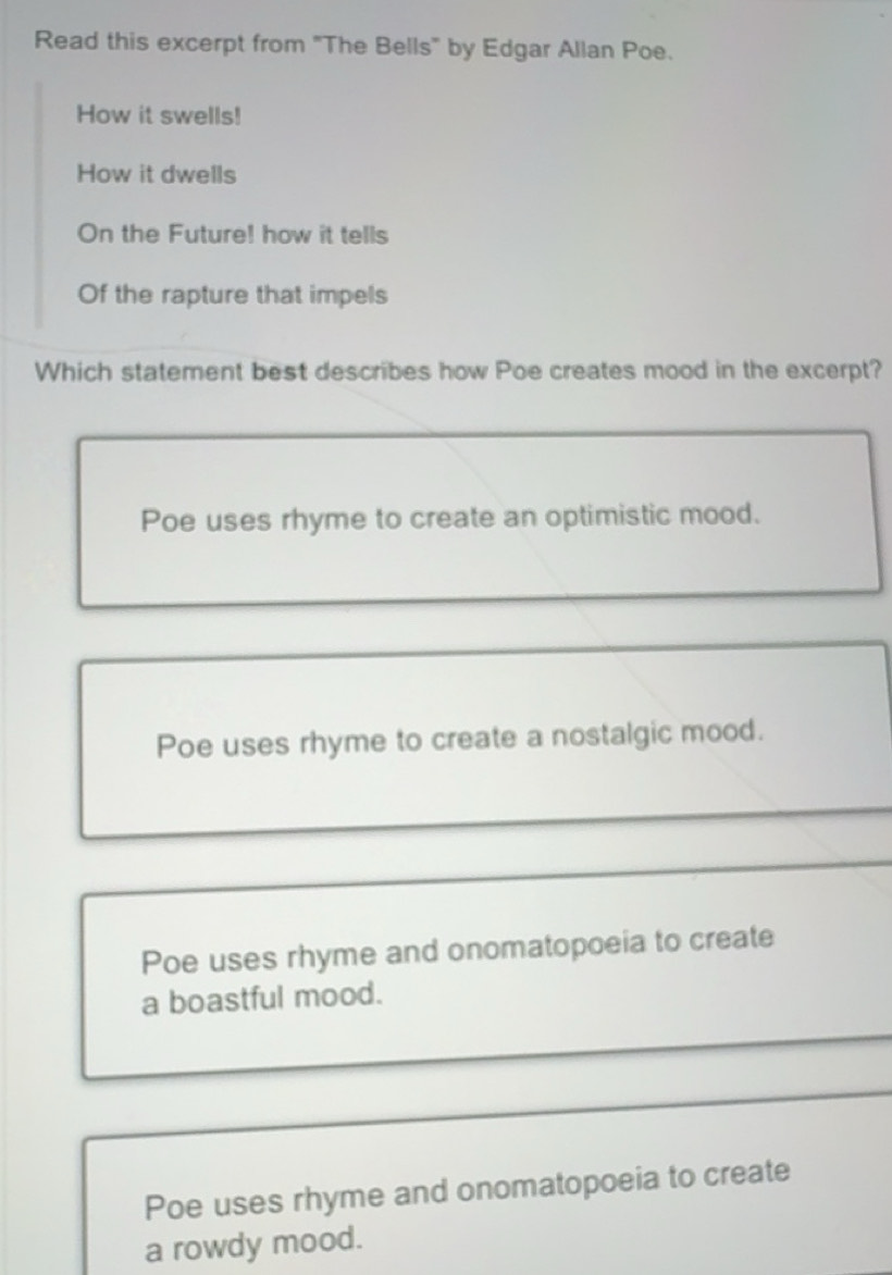Solved: Read this excerpt from "The Bells" by Edgar Allan Poe. How it ...