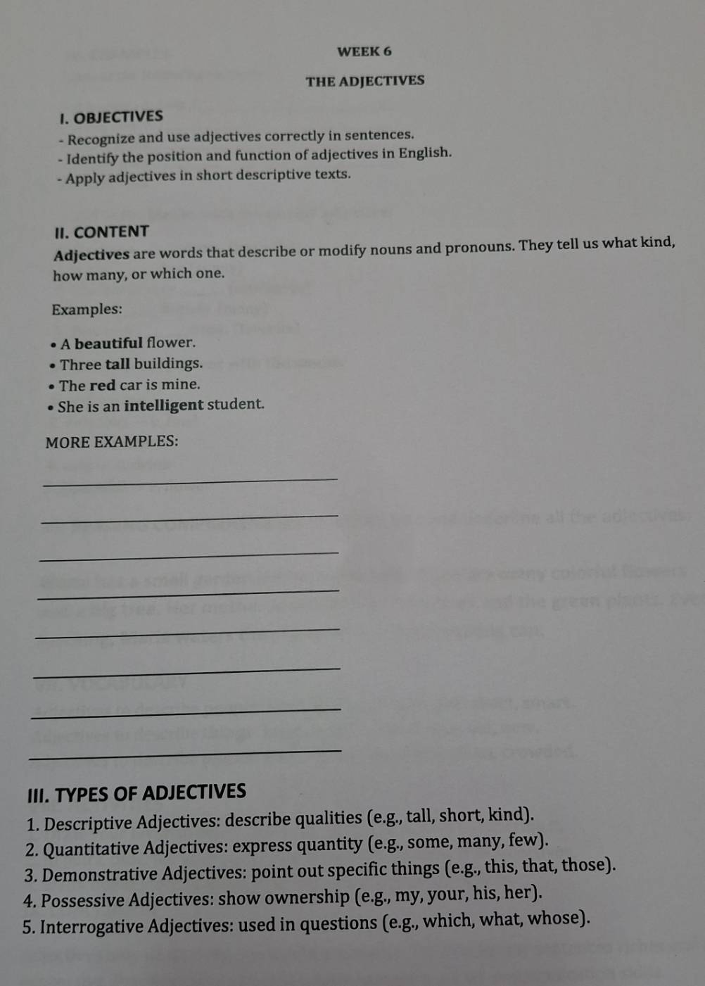 Resuelto:WEEK 6 THE ADJECTIVES I. OBJECTIVES - Recognize and use ...