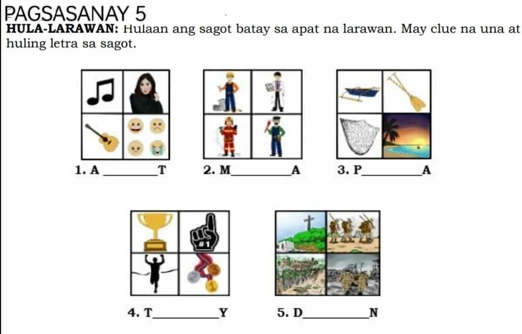 Solved: PAGSASANAY 5 HULA-LARAWAN: Hulaan ang sagot batay sa apat na ...