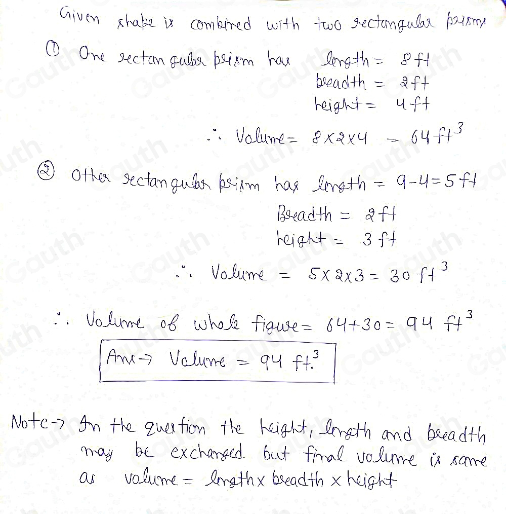 Solved: The solid shown below is made by combining two rectangular prisms. What is the volume of ...