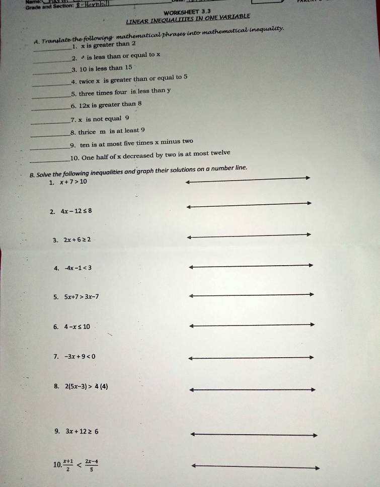 Solved: Grade and Section: _ WORKSHEET 3.3 LINEAR INEQUALIIIES IN ONE ...