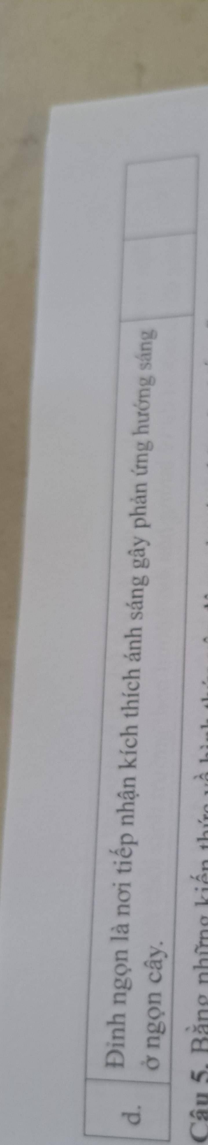 Giải quyết:Đinh ngọn là nơi tiếp nhận kích thích ánh sáng gây phản ứng hướng sáng ở ngọn cây. Câu 5