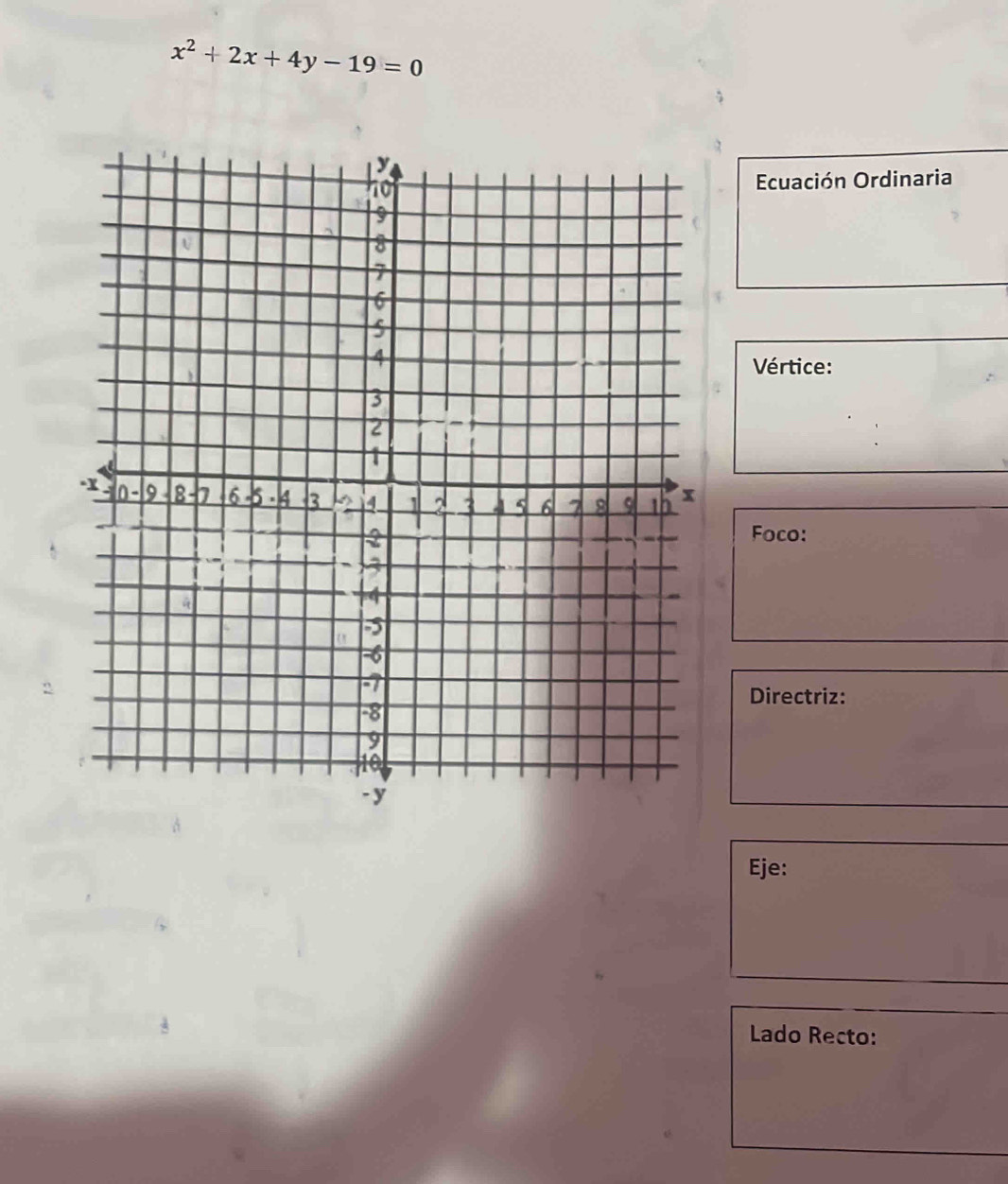 Resuelto:x^2+2x+4y-19=0 Ecuación Ordinaria Vértice: Foco: 2Directriz ...